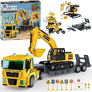 188 PCs Take Apart Excavator and Flatbed Tractor Truck Construction Toys - DIY Building Vehicle Playset Toy w/Drill, Lights & Sounds for Kids, Boys and Girls Ages 5 6 7 8 Years Old