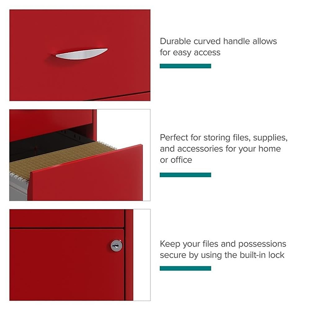 Hirsh Industries Space Solutions 3 Drawer Metal Vertical File Cabinet with Lock Lava Red