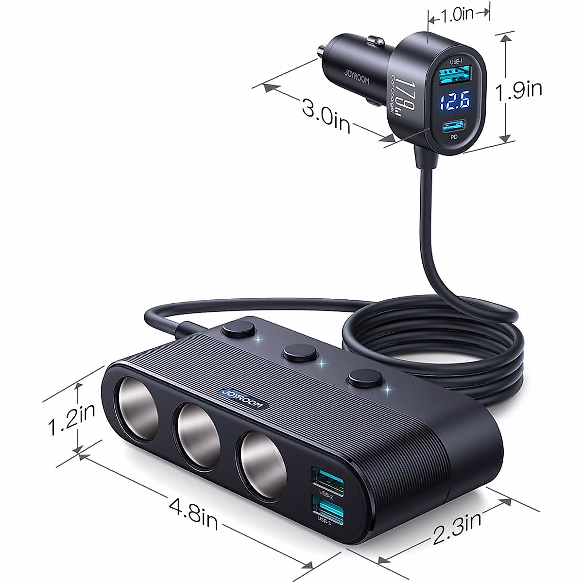 [2025 Upgraded] 7 in 1 Cigarette Lighter Adapter, JOYROOM 179W Car Charger Adapter with PD30W Charge(3.3FT Cable), 24V/ 12V Cigarette Lighter Splitter with Independent Switches & LED Voltage Display