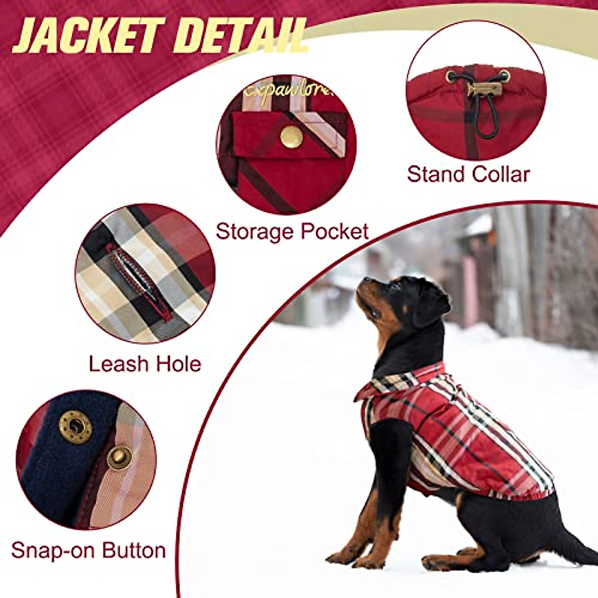 EXPAWLORER Warm Dog Coat - Cold Weather Windproof Dog Fleece Coat for Winter, British Style Plaid Dog Jacket Cloth for Small Medium Large Dogs