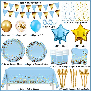 Blue Gold Party Supplies Foil Polka Dots Disposable Tableware Set Serves 24 Guests Star Foil Balloons Tablecloths Pennant Banners Plates for Birthday Wedding Baby Shower Party Graduation Decorations