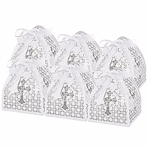LEMESO 50 Pcs Baptism Favor Boxes Laser Cut Candy Boxes with 50 Ribbons and 50 Pcs Crux Tag, Great for Wedding, Baptism Party, Baby Shower, Anniversary, Small Gift Candy Favor Boxes