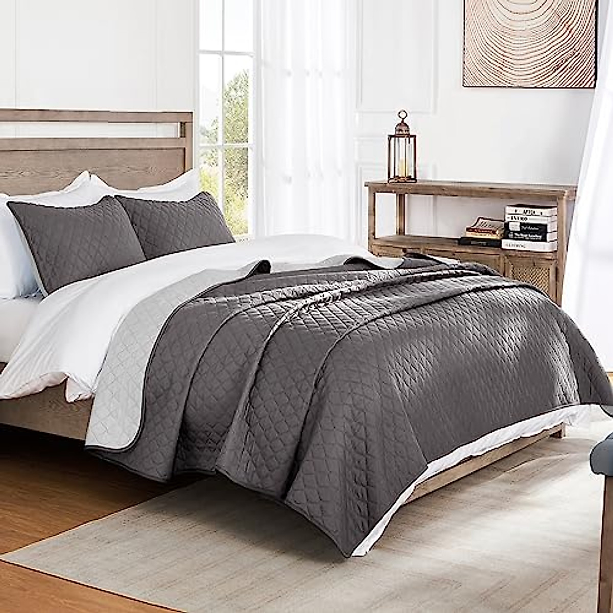Exclusivo Mezcla Ultrasonic Reversible 3 Piece Full Queen Size Quilt Set with Pillow Shams, Lightweight Bed Cover Soft Bedspreads Coverlet Set - (Grey, 90"x96")