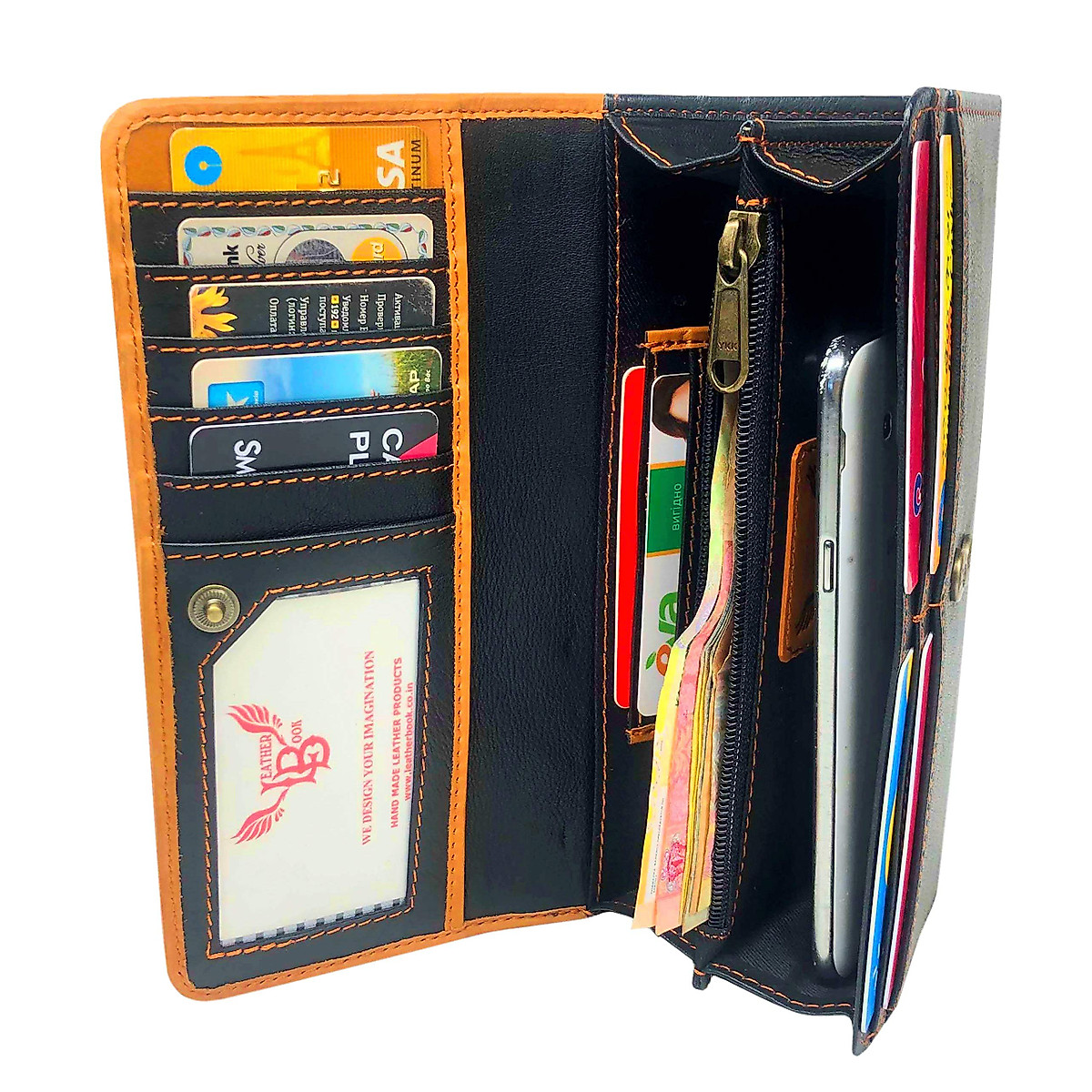 Leather Book® LW-1802 TAJ Leopard Ladies Wallet|11 card slots|1 card window|4 slide pockets|1 zip compartment pocket| 1 back silver metal zip pocket | Black, Tan Cowhide & Jersey leopard Print Leather