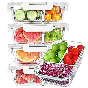 KOMUEE Glass Meal Prep Containers 3 Compartment with lids, 5 Pack 36 oz, Airtight Food Storage Glass Lunch Bento Box, Dishwasher and Microwave Safe,White