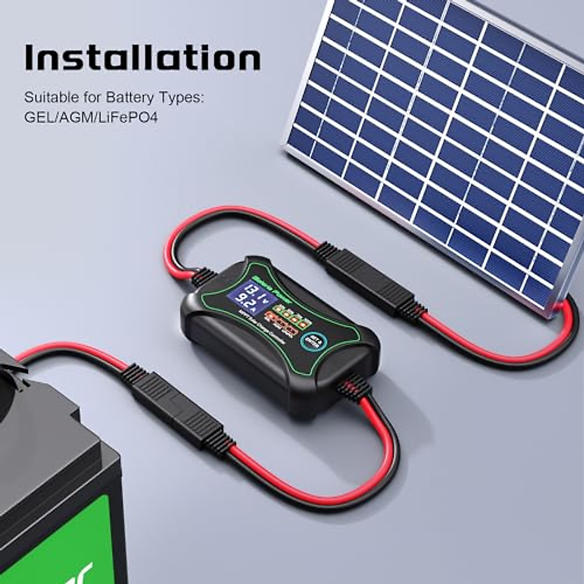 10Amp 12 Volt MPPT Solar Charge Controller, Bateria Power Intelligent Portable Solar Panel Controller, Max PV 150W 30Voc Solar Regulator for Gel AGM Lead-Acid, Lithium LiFePO4 Battery (SunRock 10)