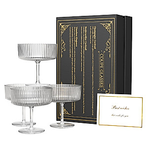 Ribbed Coupe Glasses Set of 4, Hand Blown 10 oz Vintage Cocktail Glasses, Vintage Art Deco Martini Glasses Set with Present Box for Espresso Martini, Champagne, Cosmopolitan, Manhattan, Cocktail Party