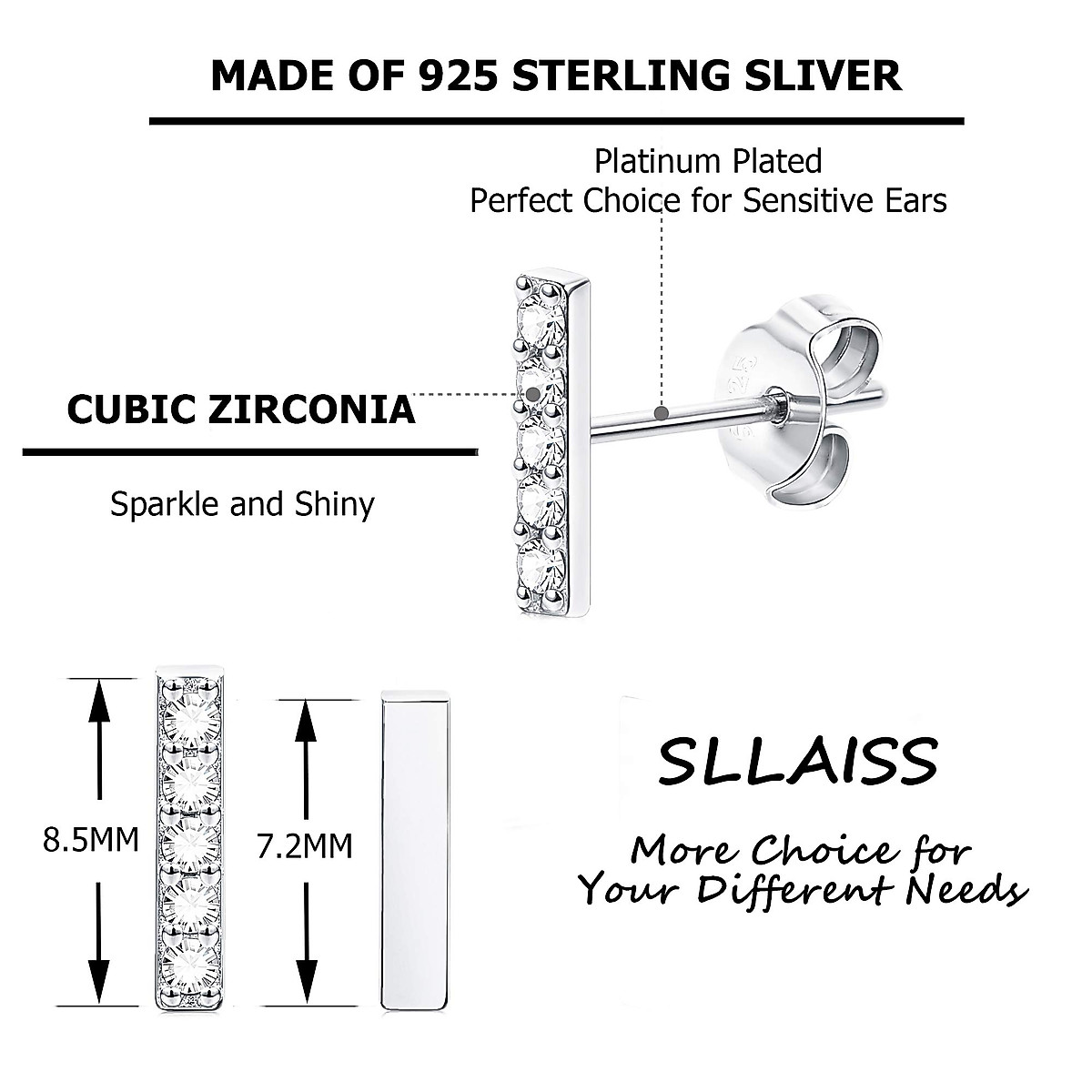 Sllaiss 2 Pairs 925 Sterling Silver Tiny Bar Stud Earrings for Women Men White Gold Plated CZ Bar Earrings Set Rectangle Line Earrings Huggie Cartilage Silver