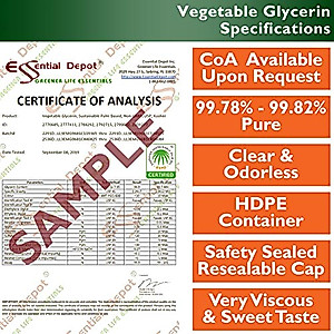 Glycerin Vegetable - 1 Gallon (10.75 lbs or 172oz net wt) - Non GMO - RSPO - Sustainable Palm Based - USP - Kosher - Pure - Pharmaceutical Grade - Safety Sealed HDPE Container with resealable Cap