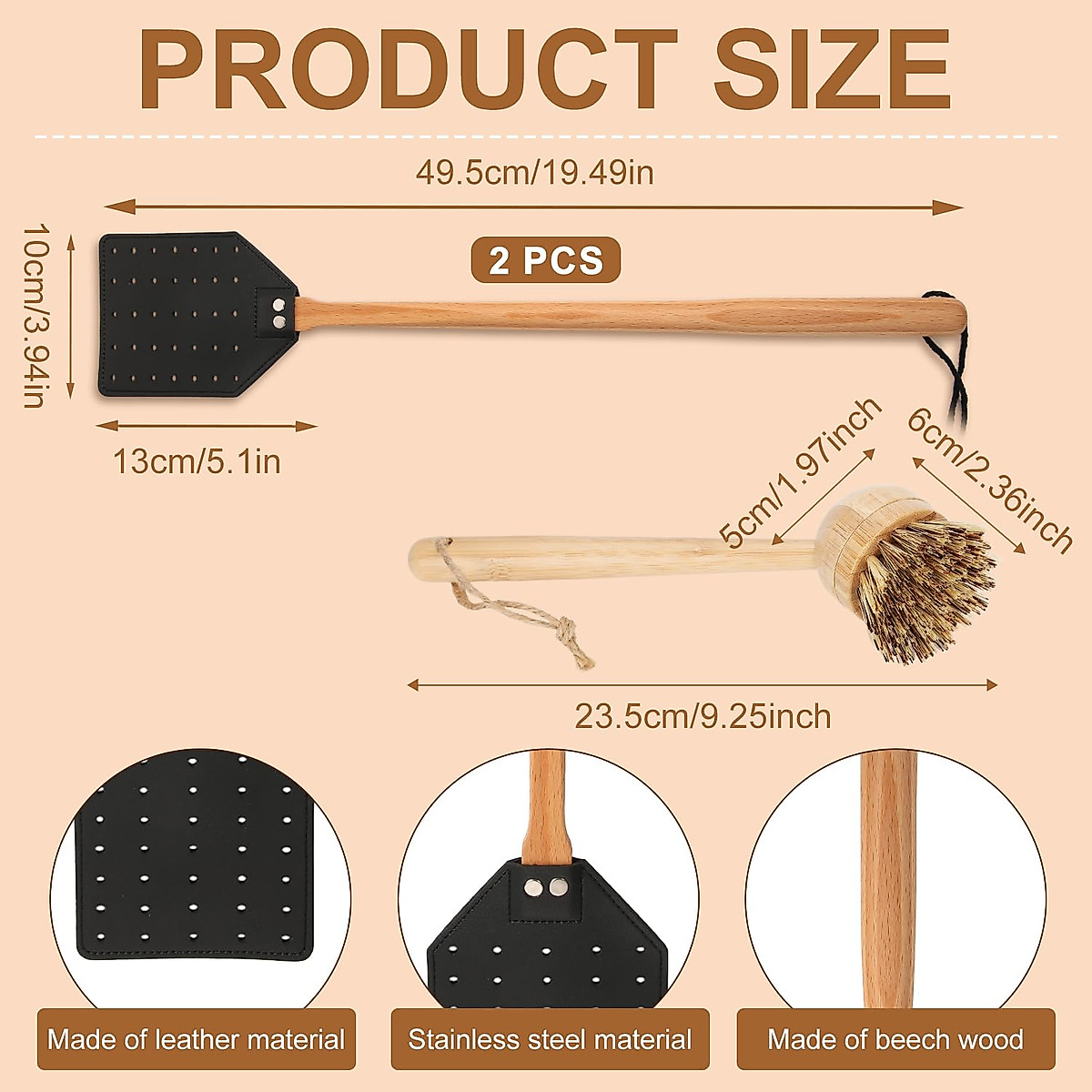 Fly Swatter Sets, 2pcs Leather Flyswatter+1pc Brush, Manual Heavy Duty Fly Swatter with Long Wooden Handle Hollow Out Wasp Swatter for Home Indoor Outdoor (Brown+Black)