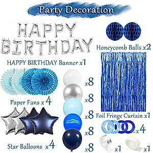 Blue Birthday Decorations Navy Blue Party Supplies Silver Happy Birthday Banner Blue Balloons Foil Fringe Curtain Bday Decor Men Women Boys Girls 13th Sweet 16 18th 21st 25th 30th 40th 50th 60th 70th