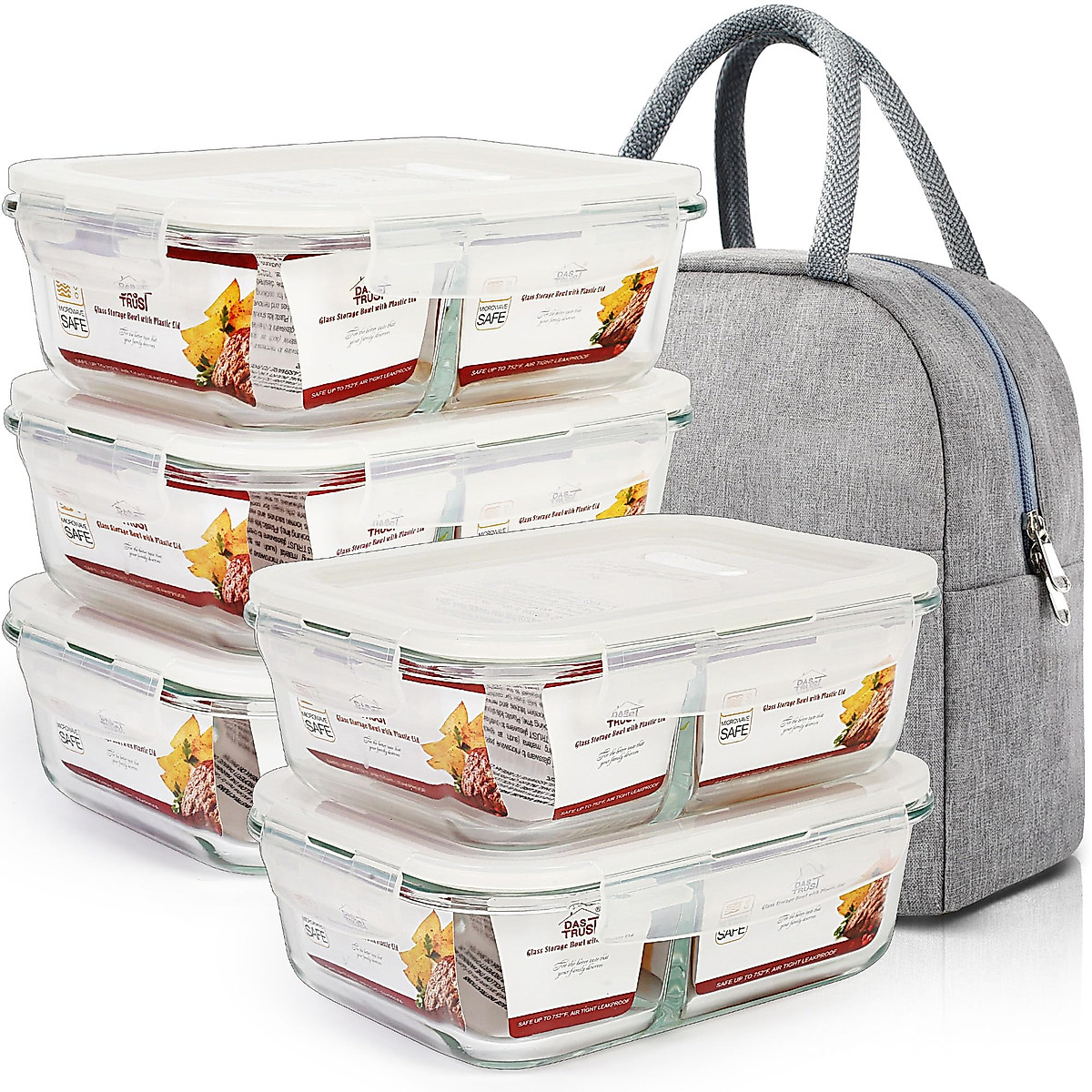 DAS TRUST 5 Pack 36oz Food Storage Containers 2 Compartment Glass Meal Prep Containers with Lids Lunch Containers for Adult with Dividers Reusable Lunch Bento Box Meal Prep Bowls