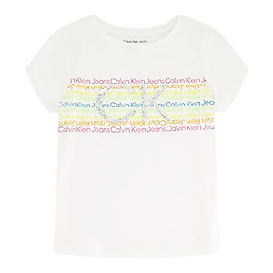 Calvin Klein Girls' Short Sleeve Logo T-Shirt, Comfortable Fit Cotton Tee with Tagless Interior, White Rainbow 03g, 8-10