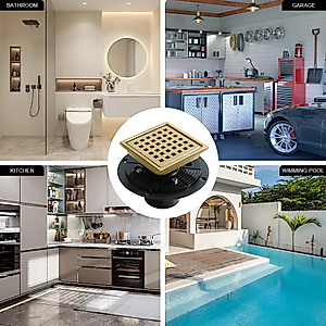 4 Inch Square Shower Drain, 304 Stainless Steel Shower Floor Drain Kit with Flange, Removable Grid Cover Hair Strainer, Golden Brushed Nickel for Bathroom, Garage, Laundry Room