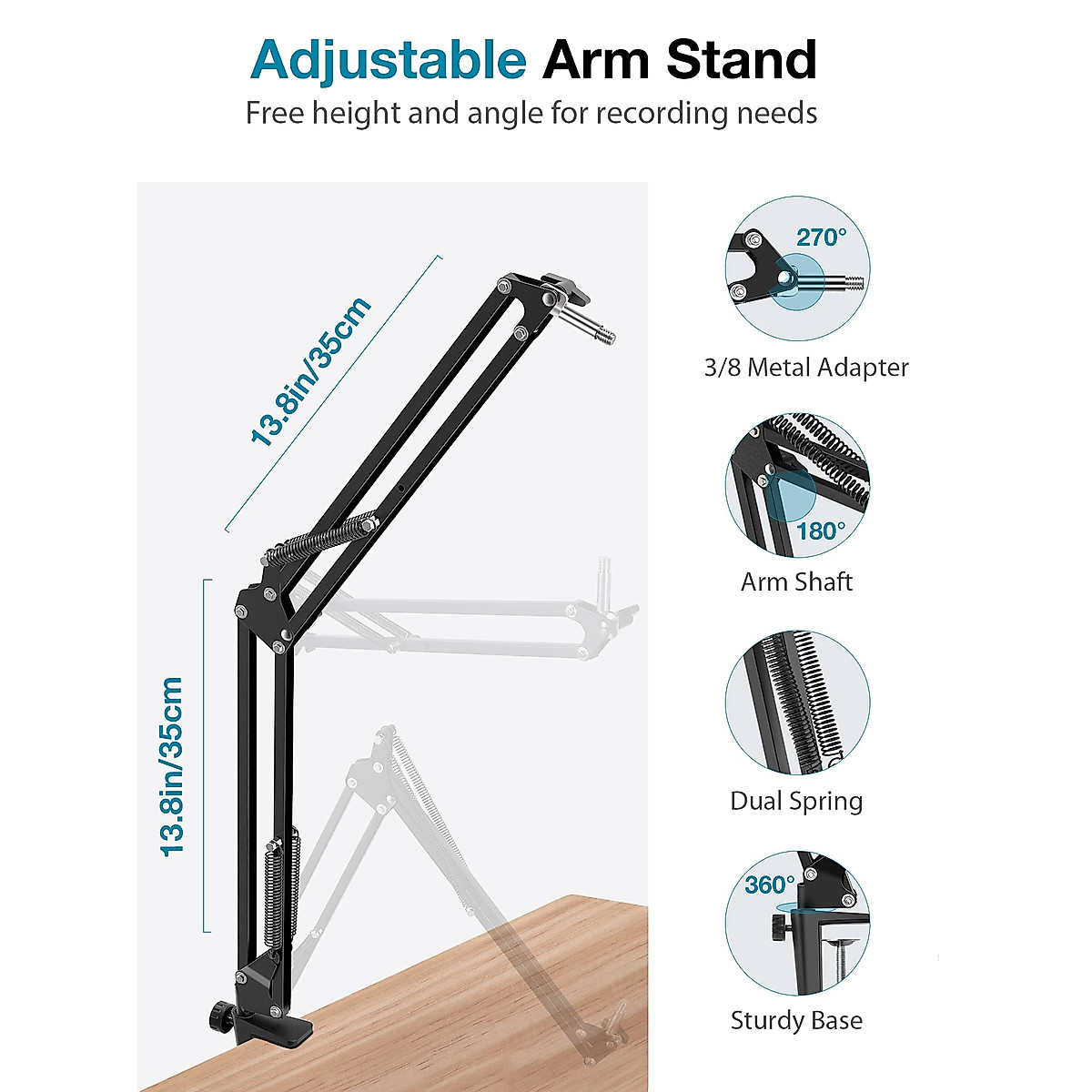 InnoGear Adjustable Mic Stand for Blue Snowball and Blue Snowball iCE Suspension Boom Scissor Arm Stand with Microphone Windscreen and Dual Layered Mic Pop Filter, Max Load 1.5 KG, Medium