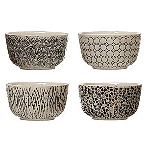 Creative Co-Op Hand-Stamped Stoneware Bowl with Embossed Pattern, Black & Cream Color, 4 Styles Dinnerware, Multi