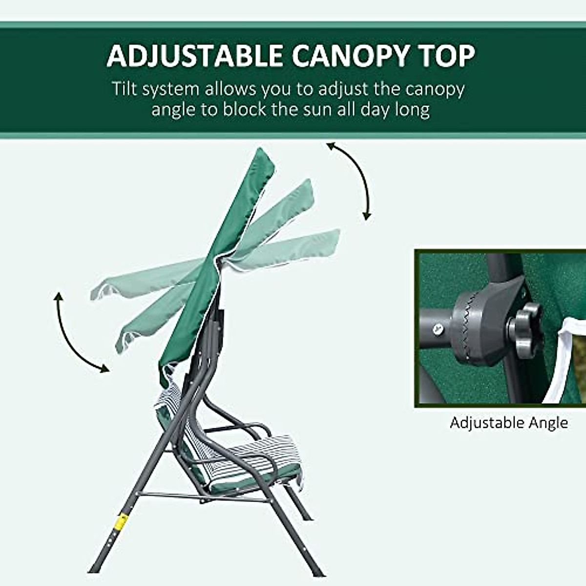 Outsunny 3-Person Porch Swing with Canopy, Patio Swing Chair, Outdoor Canopy Swing Bench with Adjustable Shade, Cushion and Steel Frame, Green