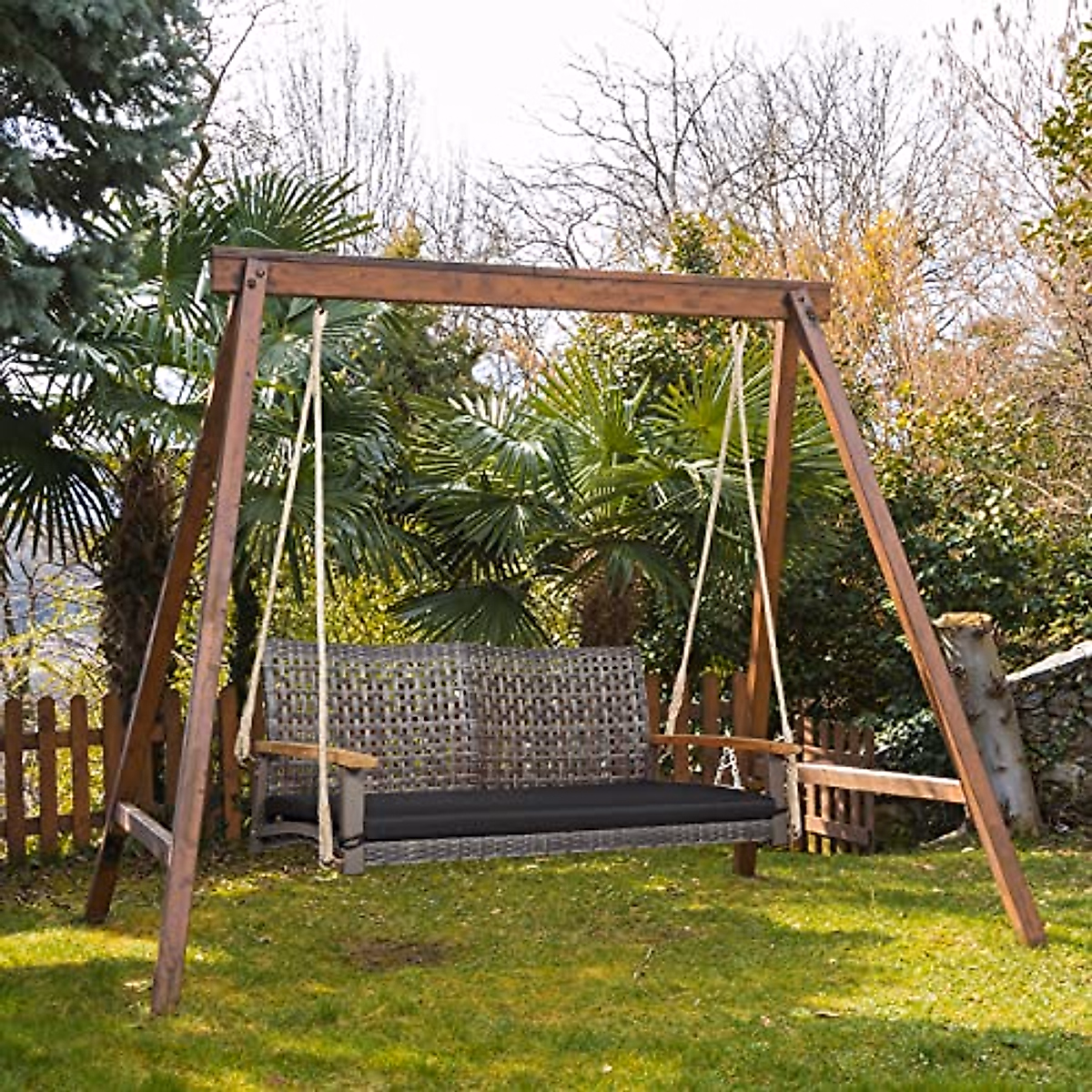 Tangkula 2-Person Outdoor Porch Swing with 118" Hanging Ropes, Patiojoy PE Wicker Patio Hanging Swing Bench with Soft Seat Cushion & 800 Lbs Weight Capacity, Suitable for Patio, Garden (Black)