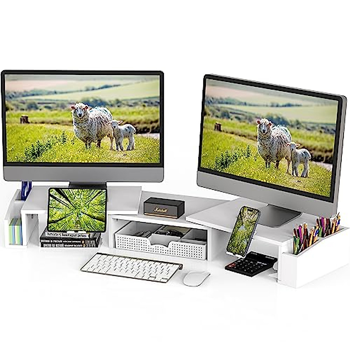 Simple Houseware Desk Dual Monitor Stand Riser with Drawer, White