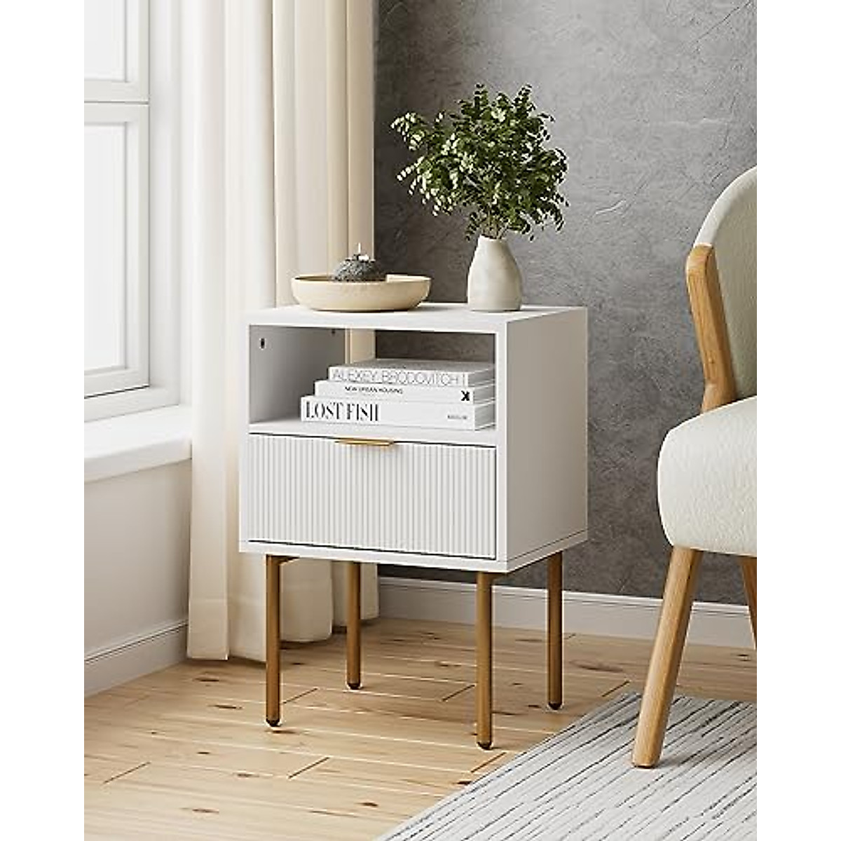 AEPOALUA Nightstand,Small Bedside Table with Gold Frame,White Night Stand,Bedside Furniture,Side Table with Drawer and Shelf for Bedroom,Living Room