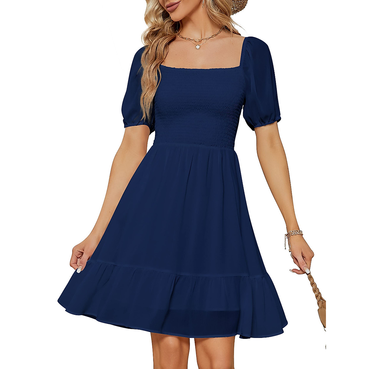 YATHON Wedding Guest Dresses for Women with Sleeves Homecoming Bridesmaid Sundress Family Gathering Dance Party Short Dresses(YT194-Navy,L)