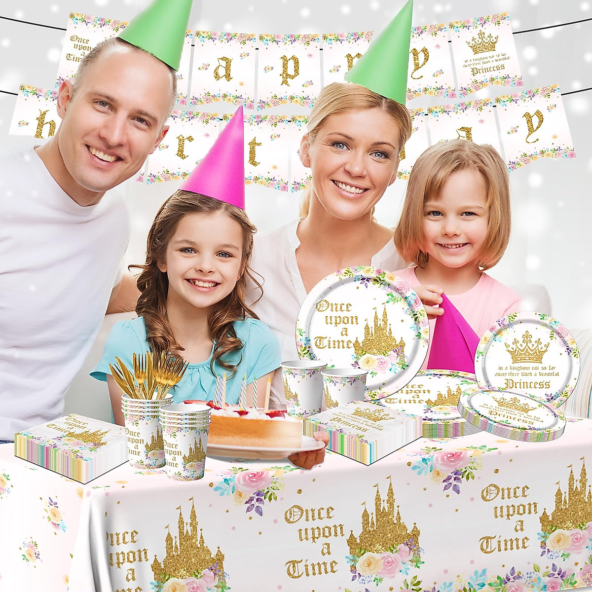Dydamud Princess Castle Birthday Party Decoration, Once Upon a Time Pink Floral Tableware Include Princess Party Plates and Napkin Sets for Girls Birthday Party, Baby Shower
