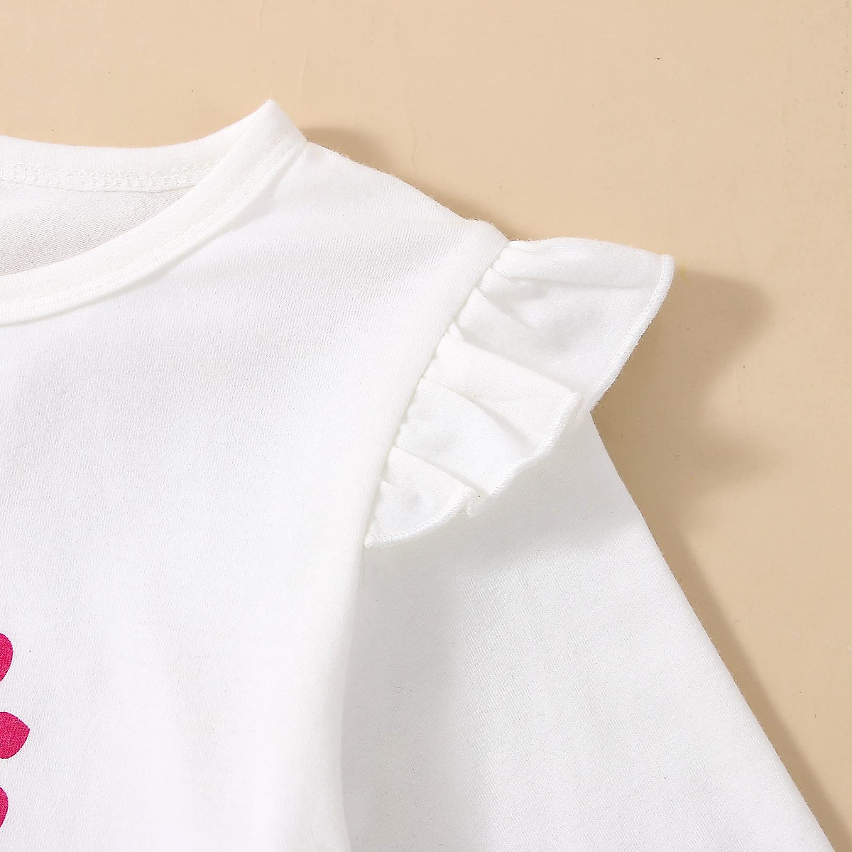 Eadrioss 3Pcs Baby Girl Valentine's Day Clothes Sets Ruffle Long Sleeve Top Heart Print Flared Pants Little Valentines Outfits (White, 2-3T)