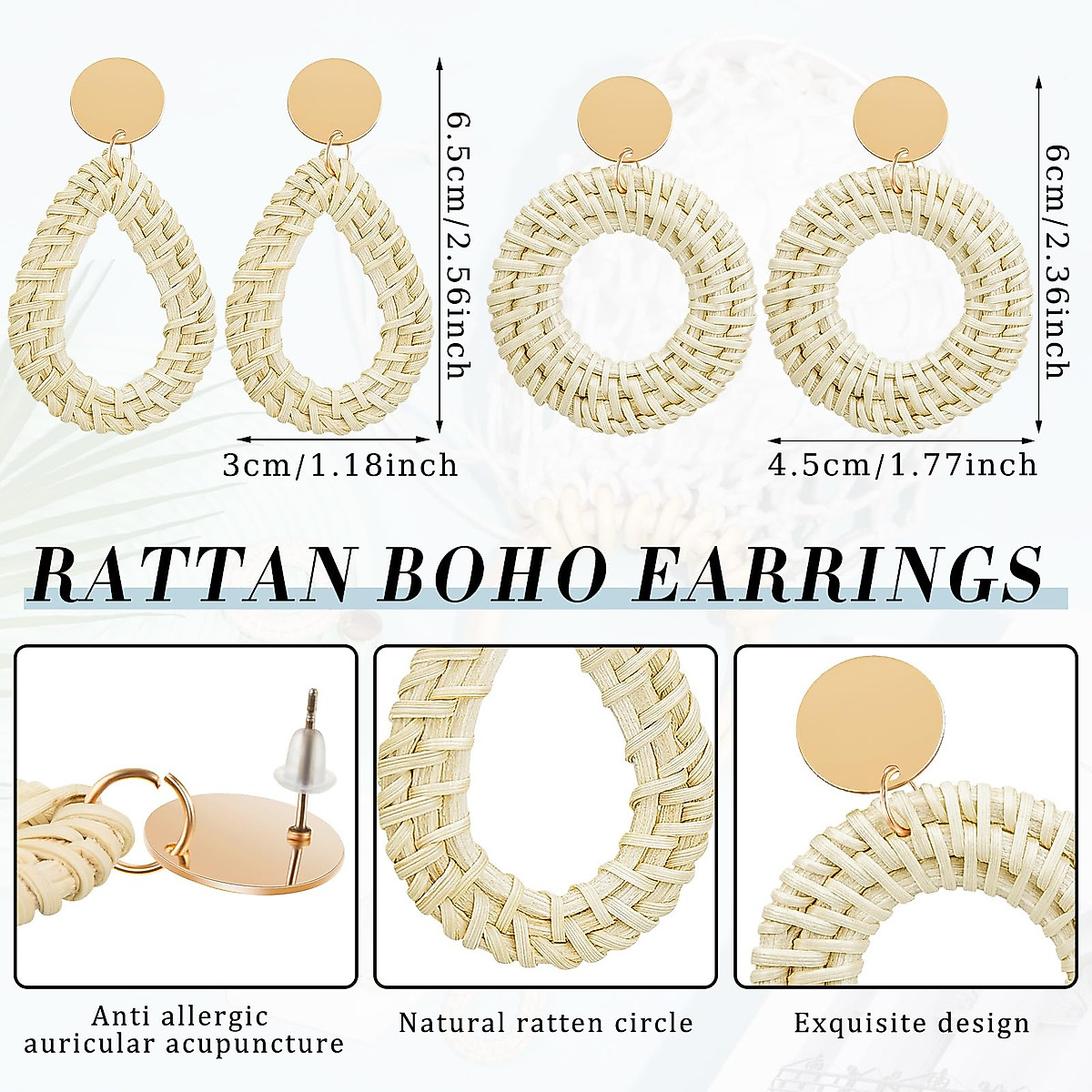 Sweetude Mini Clutch Tote Handbag 2 Pairs Rattan Earrings for Women Girls Bucket Drawstring Handbag Bohemian Woven Clutch (White)