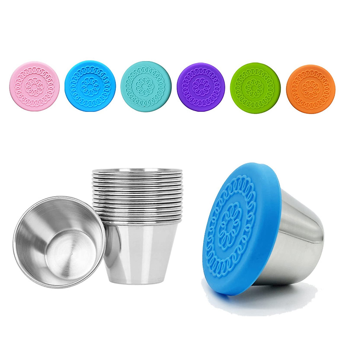 Ptsygantl Salad Dressing Container, Stainless Steel Condiment Containers with Silicone Lids, Mini Metal Sauce Cups Leakproof Dipping Sauce Cups (70ml 6 colors 6pcs/pack)