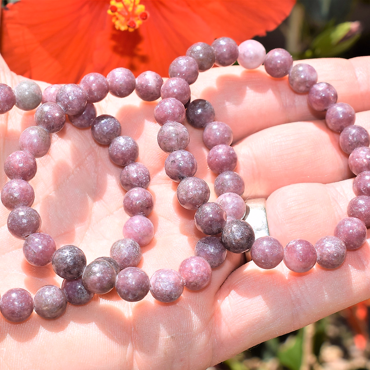 Zenergy Gems Charged Premium Natural Lepidolite Crystal 8mm Bead Bracelet + Moroccan Selenite Charging Crystal [Included]