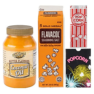 Ultimate Movie Night Popcorn Kit Bundle of Golden Barrel Butter Flavored Coconut Oil ( 32 oz ) and Flavacol Seasoning Salt ( 35 oz ) with 20 of Popcorn Bag (15 bags of 1 oz and 5 bags of 32 oz ) and Healthierr Sticker!!