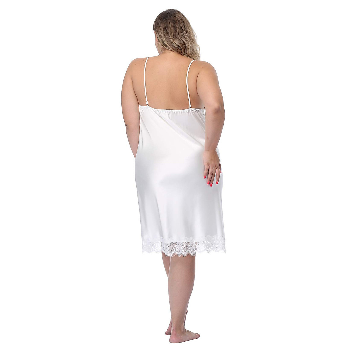 Women's Plus Size Full Slips Lace Chemise Lingeries Sexy Front Slit Negligees Silky Nightgown Sleepwear White