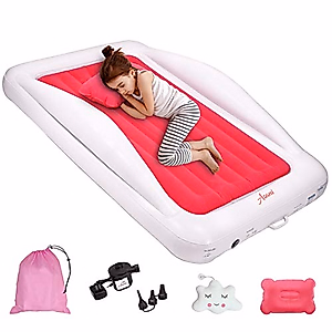 Inflatable Toddler Travel Bed with Electric Pump, Leakproof Air Mattress w/ Reinforced Protective Bumpers, Includes Carry Case and Pillow, Fits Kids Up to 4ft Tall, Ideal for Camping & Sleepovers