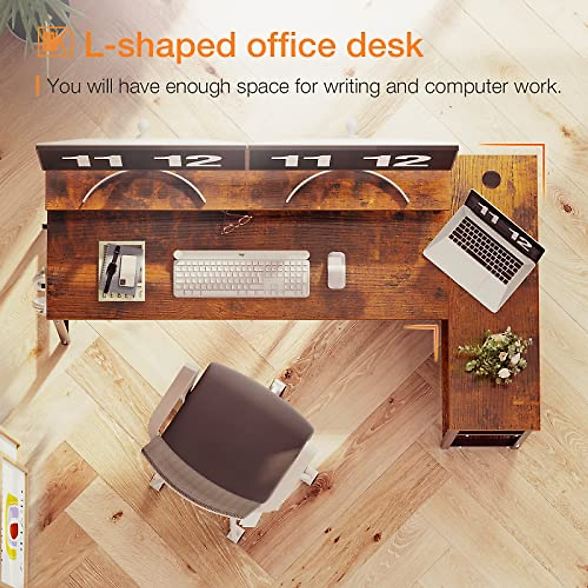 ODK Small L Shaped Desk, 58 inch Corner Desk with Reversible Storage Shelves, Computer Desk with Monitor Shelf and PC Stand for Home Office, Gaming Desk with Headphone Hooks, Rustic Brown