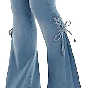 Maiyifu-GJ Lace-up Bell Bottom Denim Pants for Women Bandage Drawstring Legs Flared Jeans Mid Waisted Bootcut Slim Jean Trouser (Light Blue,3X-Large)
