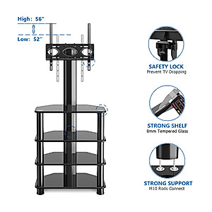 Rfiver Swivel TV Stand with Mount for 32"-70" Flat Screen, Slim Corner Entertainment Floor TV Mount with 4-Tier Tempered Glass Media Shelves, Height Adjustable and Cable Management