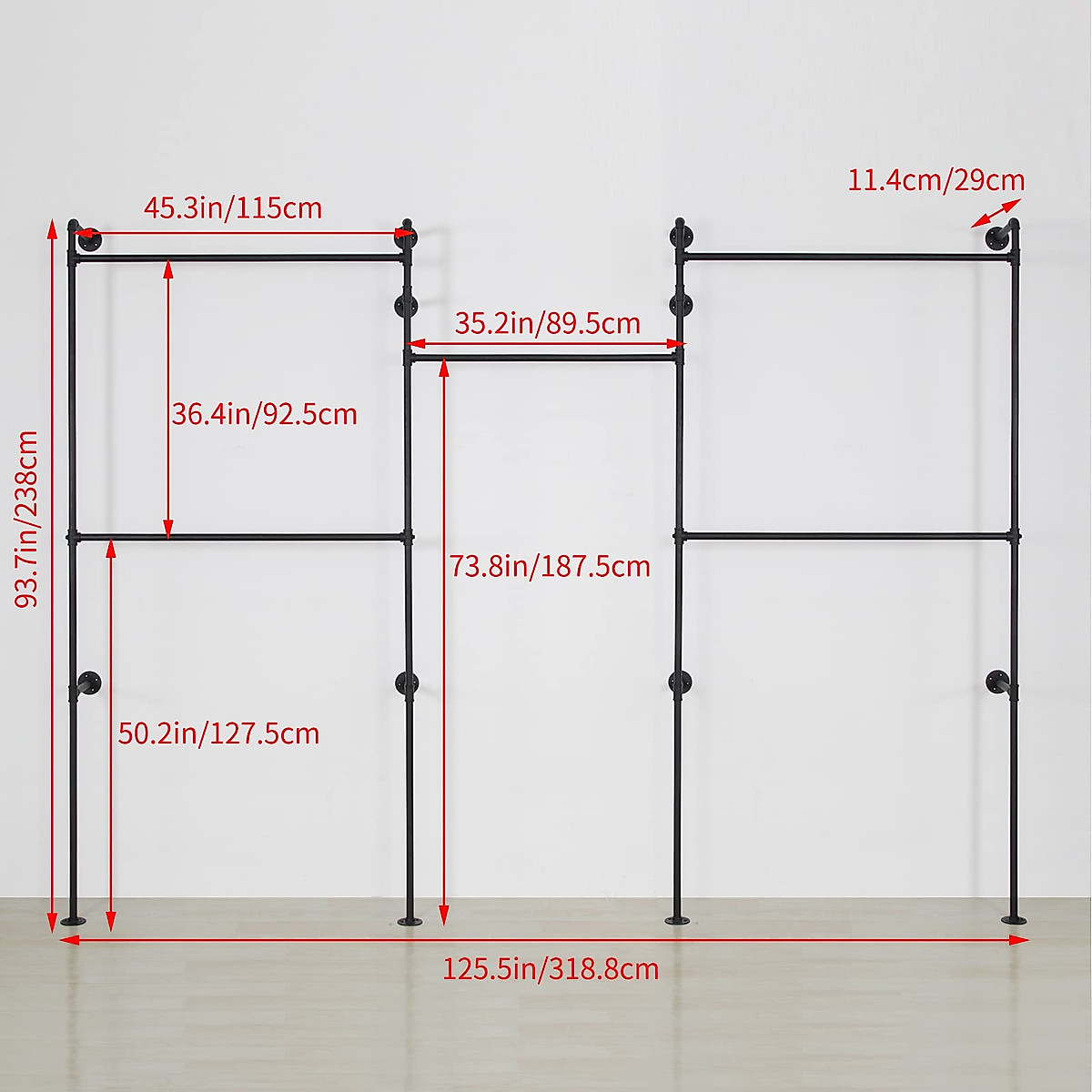 EDCB Industrial Pipe Clothes Rack, Heavy Duty Detachable Wall Mounted Black Iron Garment Bar, Clothing Store Display Stands Garment Rack Closet System (125.5 x 93.7inch)