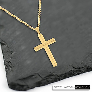 Stainless Steel Beveled Cross Pendant on 24" Twisted Curb Chain Necklace with Yellow Gold Tone Finish