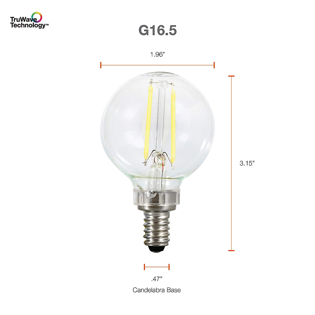 SYLVANIA LED TruWave Natural Series Décor Globe G 16.5 Light Bulb, 40W Equivalent, Efficient 4W, Candelabra Base, Dimmable, 350 Lumens, 2700K, Clear, Soft White - 2 Pack (40784)