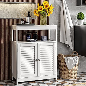 Tangkula Bathroom Storage Floor Cabinet, Free Standing Storage Cabinet with Double Shutter Doors and 3-Position Adjustable Shelves, Wooden Storage Cabinet Organizer for Bathroom, Living Room (White)