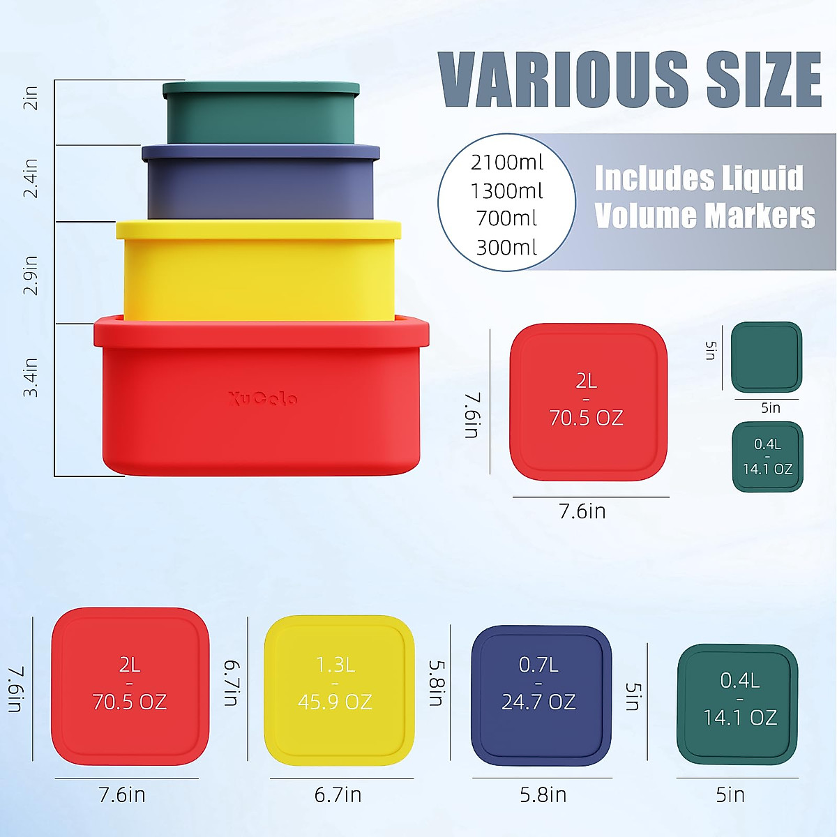 XuCeLo Silicone Food Storage Containers with Lids Set 4 Sizes and Silicone Containers,For Freezing, Bento Boxes, Snack Boxes,Freezer preservation Leak Proof