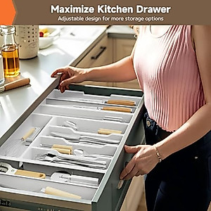 KreuRaxy Expandable Silverware Cutlery Utensil Organizer Tray for Kitchen Drawers, 13 to 22.8 Inch Adjustable Design with 2 Divider, Flatware Tableware Tray for Spoon Spatula Forks, Large, White
