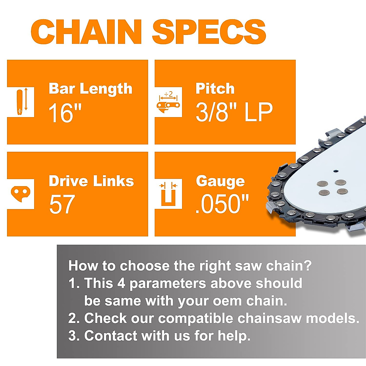 SUNGATOR 3-Pack 16-Inch Chainsaw Chain SG-S57, 3/8" LP Pitch - .050" Gauge - 57 Drive Links Compatible with Echo, Shindaiwa, Worx, Echo