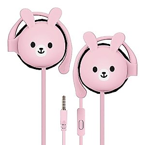 QearFun Bunny Earbuds for Kids with Ear Hooks, Kawakii Wired Over Ear Headphones Earphones Gifts for School Girls and Boys with Microphone & Ear Loops Pink