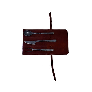 Viking Traders Hand-Forged Blacksmith Medieval Dining Hall Eating/Feasting Utensils set of 3 Piece Functional Fork Knife and Spoon Medieval Eating Set, with genuine leather pouch for easy carrying.
