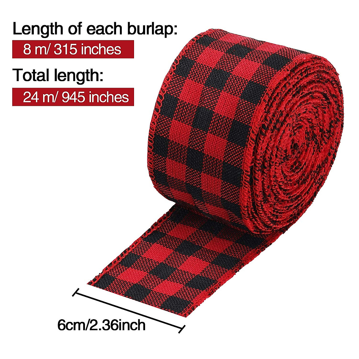 3 Rolls Buffalo Plaid Burlap Wired Ribbon Weave Ribbon with Wired Edge Bows Craft Decoration for Big Bow Wreath Tree Decoration Outdoor (Black and Red Plaid,2.4 Inches)