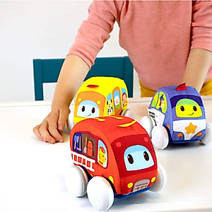 Pull Back Toy Cars – Soft Plush Toddler Car Toys, Includes: Fire Truck, Police Car & School Bus - Machine Washable 6 Months Baby Toys (Set of 3)