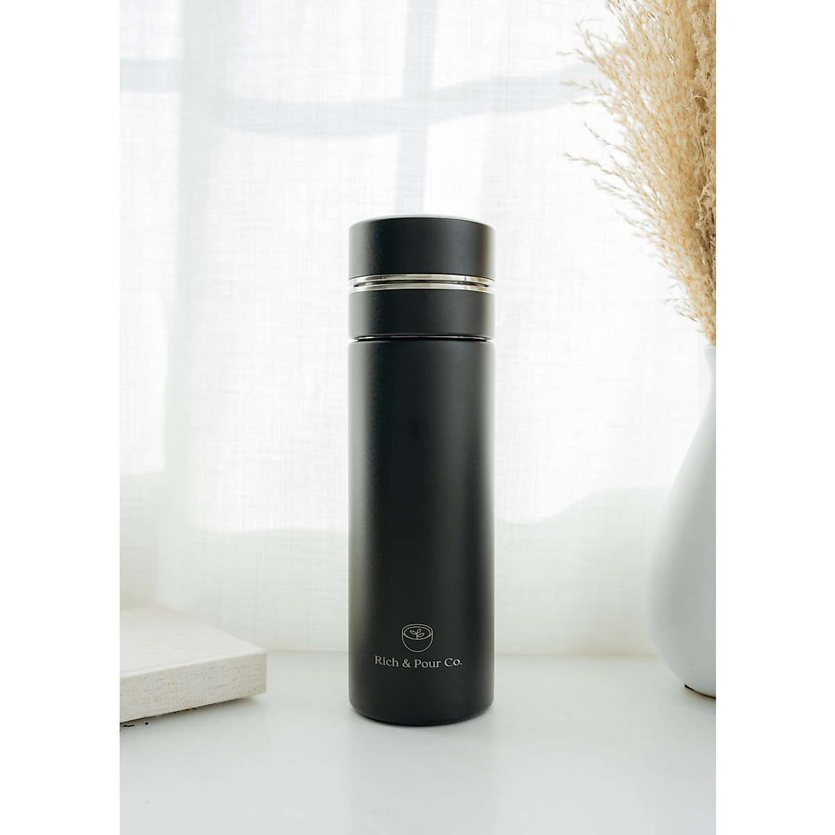 Insulated Tea Infuser Tumbler Thermos - Stainless Steel Travel Tea Mug with Lid | Cold Brew Coffee Mug Flask (Black Detachable, 15.9oz)