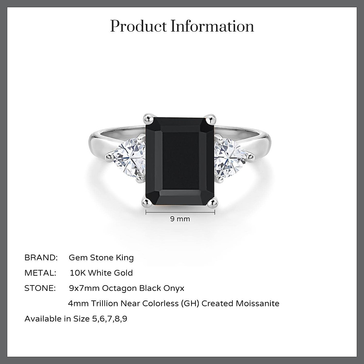 Gem Stone King 10K White Gold Black Onyx and White Moissanite 3-Stone Engagement Ring | 2.56 Cttw | Emerald Cut 9X7MM | 3 Stone Wedding Anniversary Promise Ring For Women (Size 7)