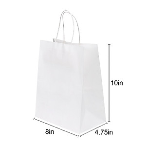 Joybe 100 Pack 8x4.75x10 Inch Medium White Kraft Paper Bags with Handles Bulk, Craft Paper Gift Bags for Party Favors Grocery Retail Shopping Business Goody Merchandise Take Out Blank Sacks (100pcs)